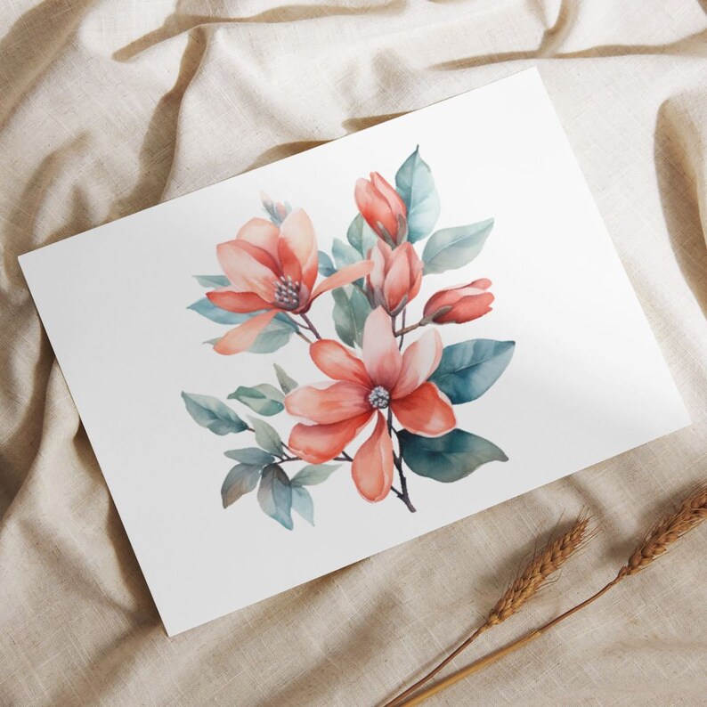 Teal and Coral Floral Watercolor Clipart,blue Green Flower PNG ...