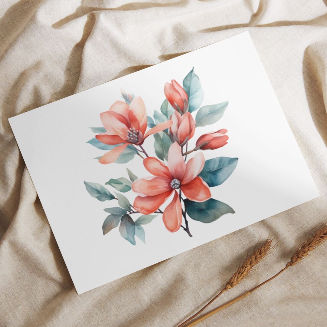 Teal and Coral Floral Watercolor Clipart,blue Green Flower PNG ...