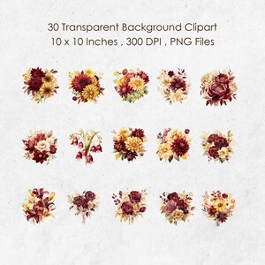 Burgundy Gold Watercolor Flowers Clipart: Floral Wreaths Bouquets (PNG ...