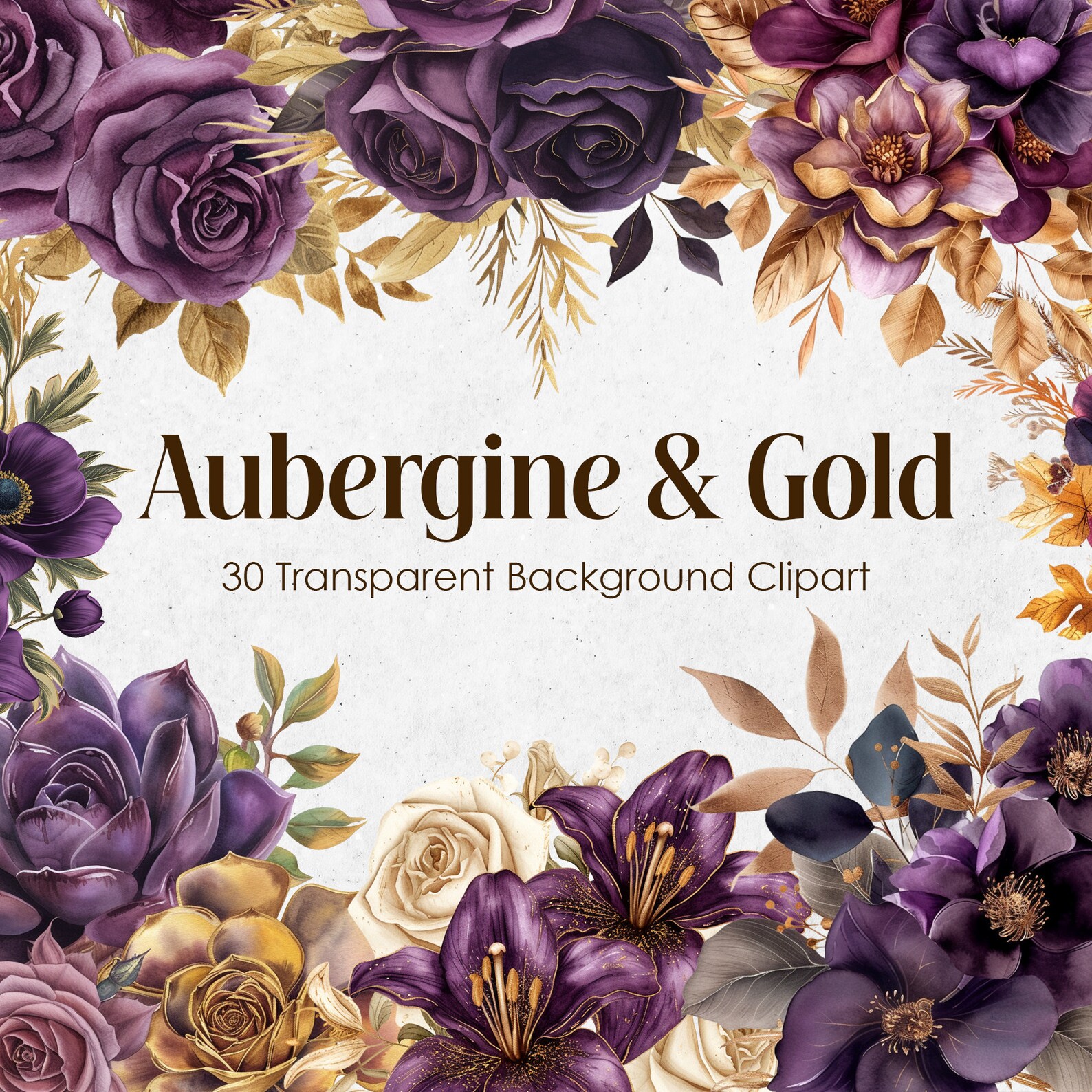 Dark Purple and Gold Flowers Watercolor Clipart Set,aubergine Floral ...