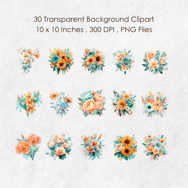Teal and Peach Flowers Watercolor Clipart,mint Pastel Orange Floral PNG ...