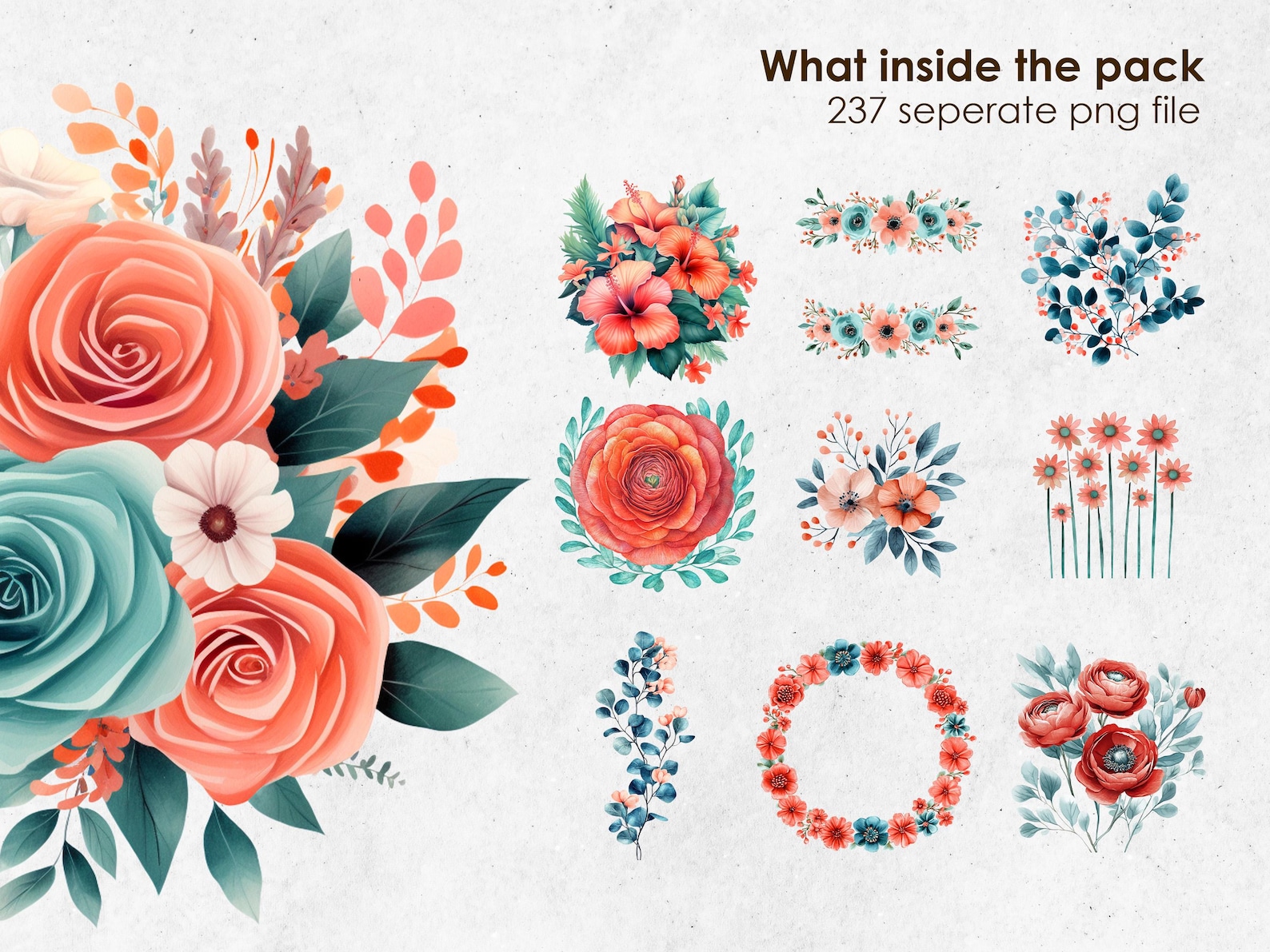 Teal and Coral Floral Watercolor Clipart,blue Green Flower PNG ...