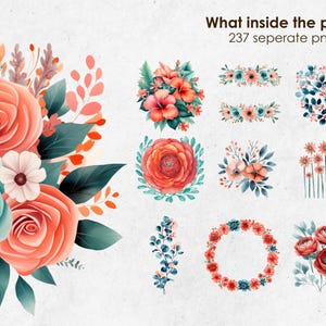 Teal and Coral Floral Watercolor Clipart,blue Green Flower PNG ...