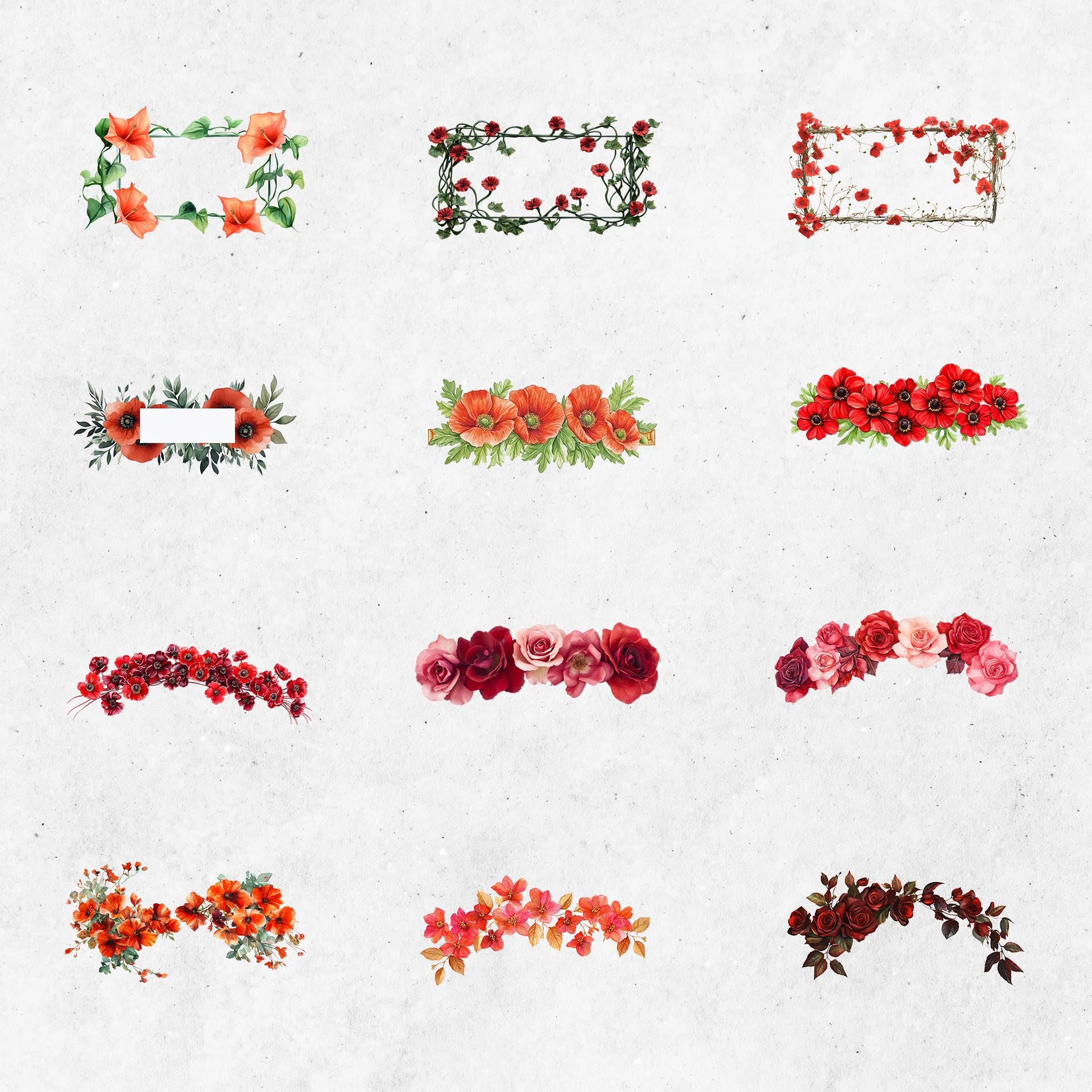 Red Flowers Frame Watercolor Clipart Set,rose Floral Border PNG ...