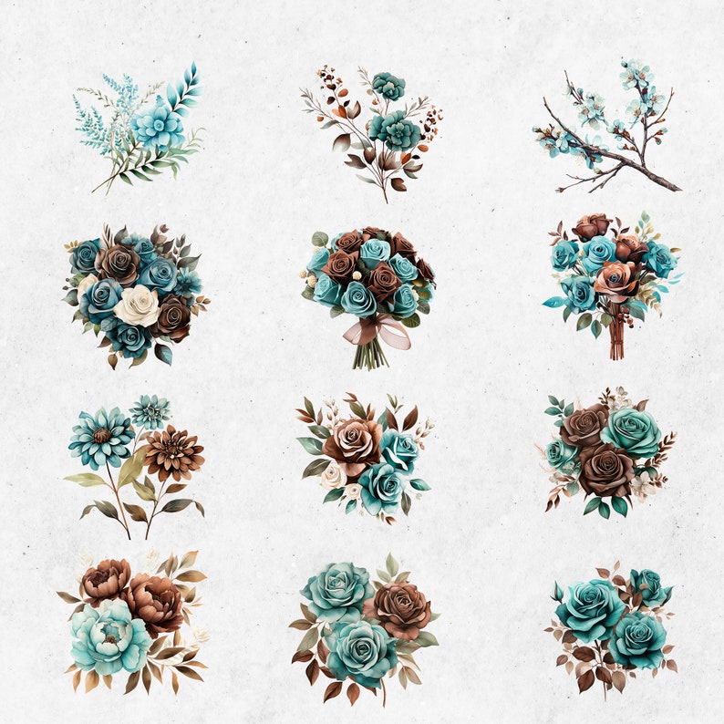 Teal and Brown Chocolate Watercolor Flowers Clipart Set,rustic Mint ...