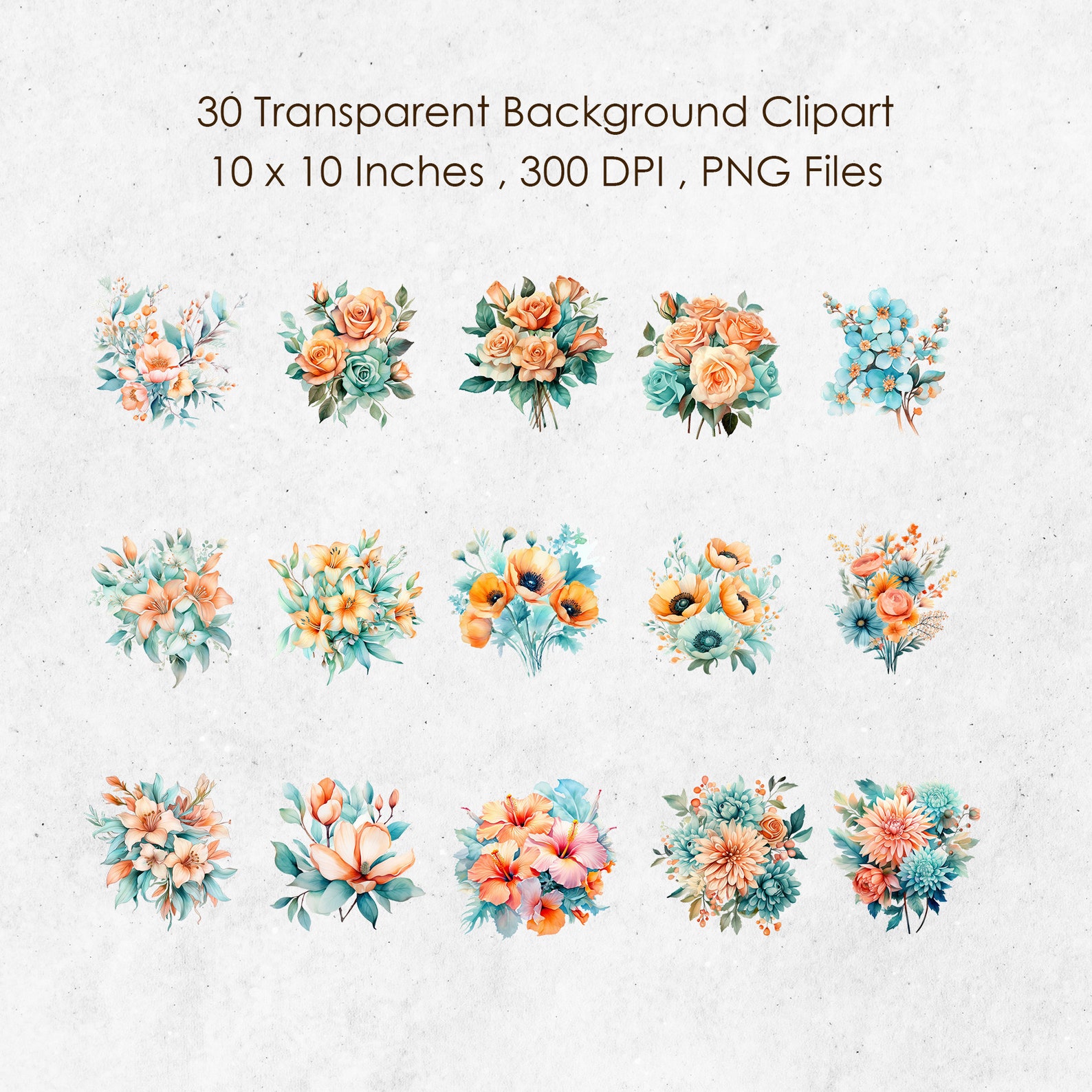 Teal and Peach Flowers Watercolor Clipart,mint Pastel Orange Floral PNG ...
