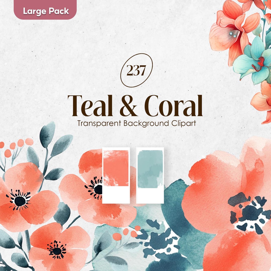 Teal and Coral Floral Watercolor Clipart,blue Green Flower PNG ...
