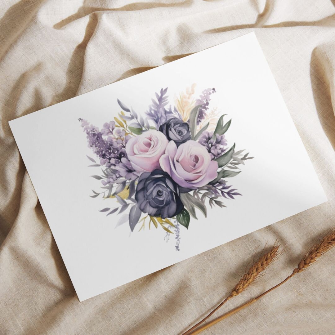 Lavender and Charcoal Gray Watercolor Flowers Clipart Set,dark Purple ...