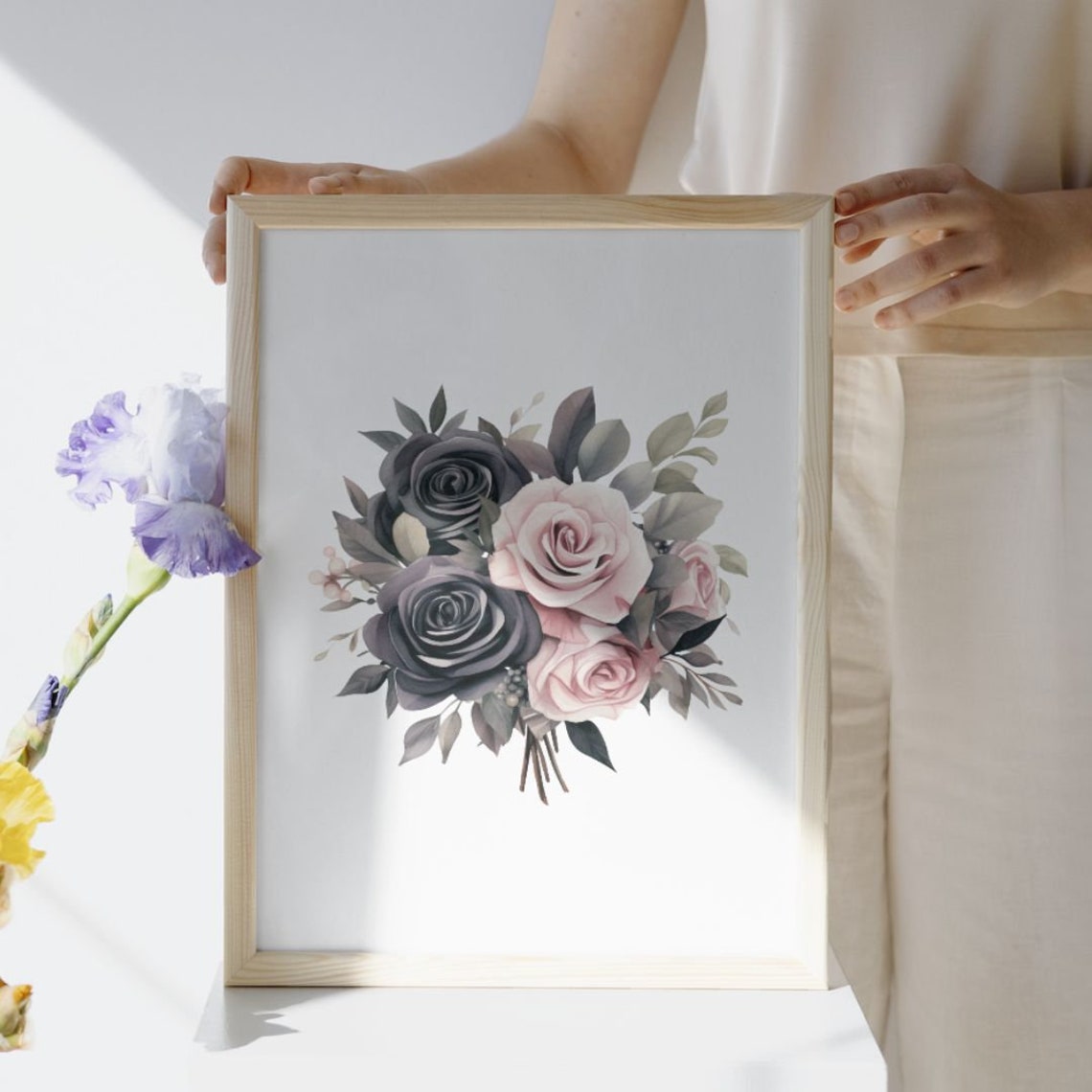 Watercolor Flower Clipart: Blush Pink & Slate Gray Bouquets (PNG ...