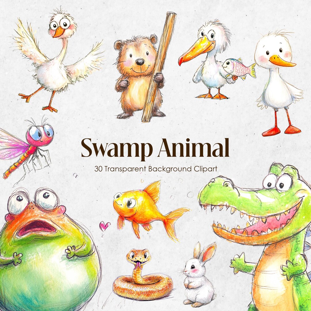 Swamp Animal Kid Hand Draw Clipart Bundle,baby Nursery Graphics Set ...