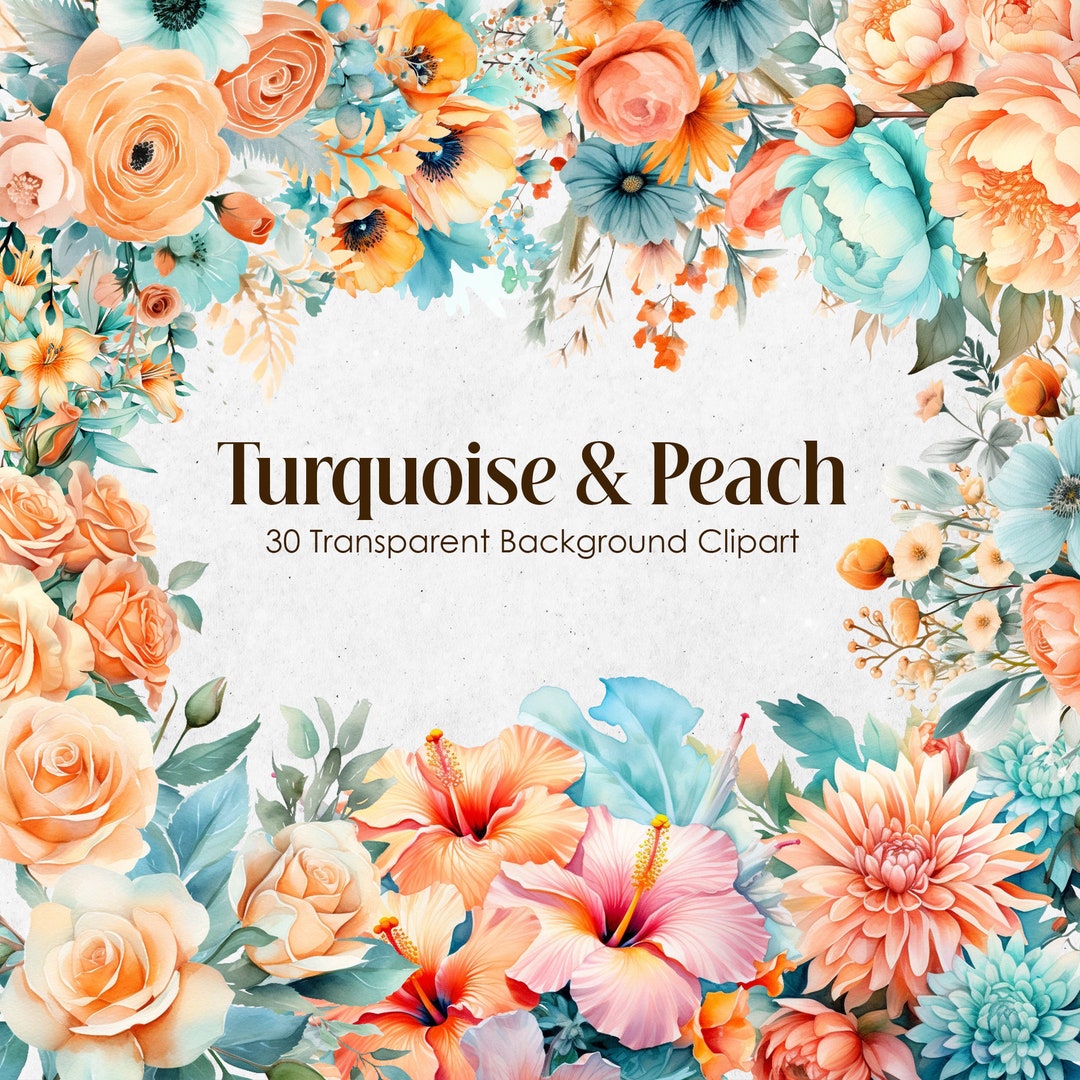 Teal and Peach Flowers Watercolor Clipart,green-blue Pastel Orange ...