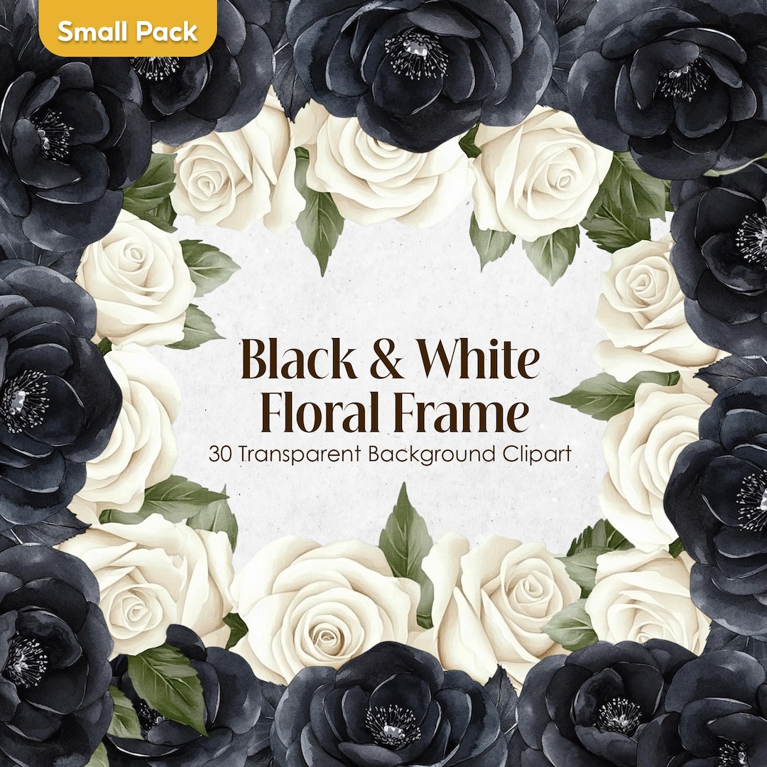 Black and White Floral Frame Clipart: Watercolor Roses (PNG Digital ...