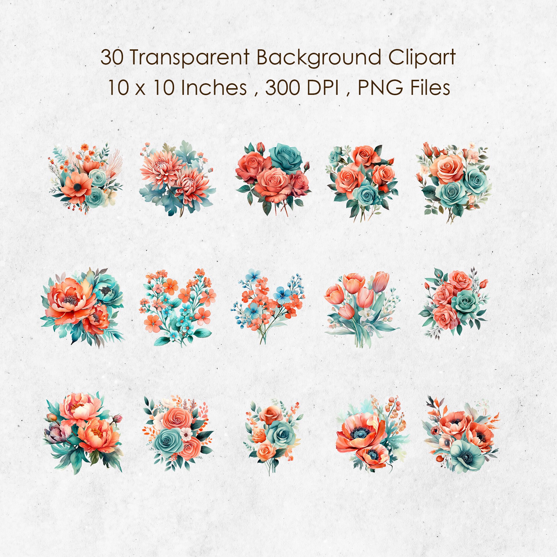 Teal and Coral Floral Watercolor Clipart,blue Green Flower PNG ...
