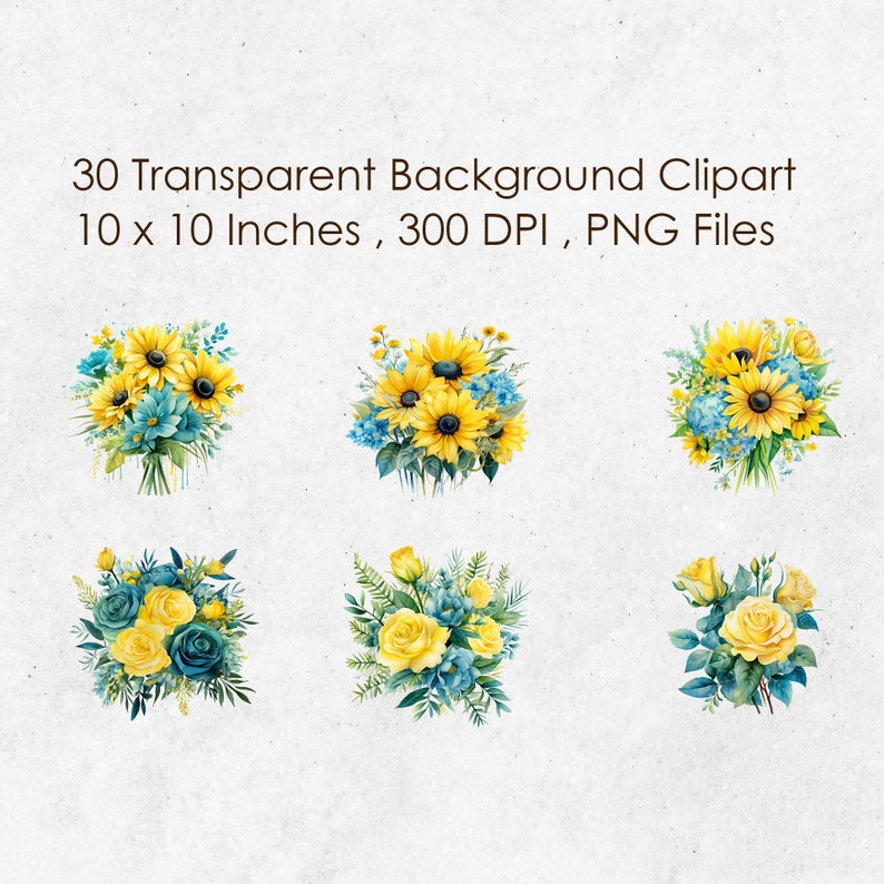 Cyan & Lemon Watercolor Flowers Clipart: Summer Wedding Bouquets (PNG ...