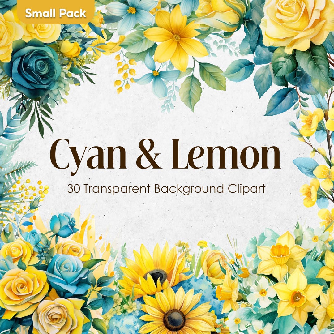 Cyan & Lemon Watercolor Flowers Clipart: Summer Wedding Bouquets (PNG ...
