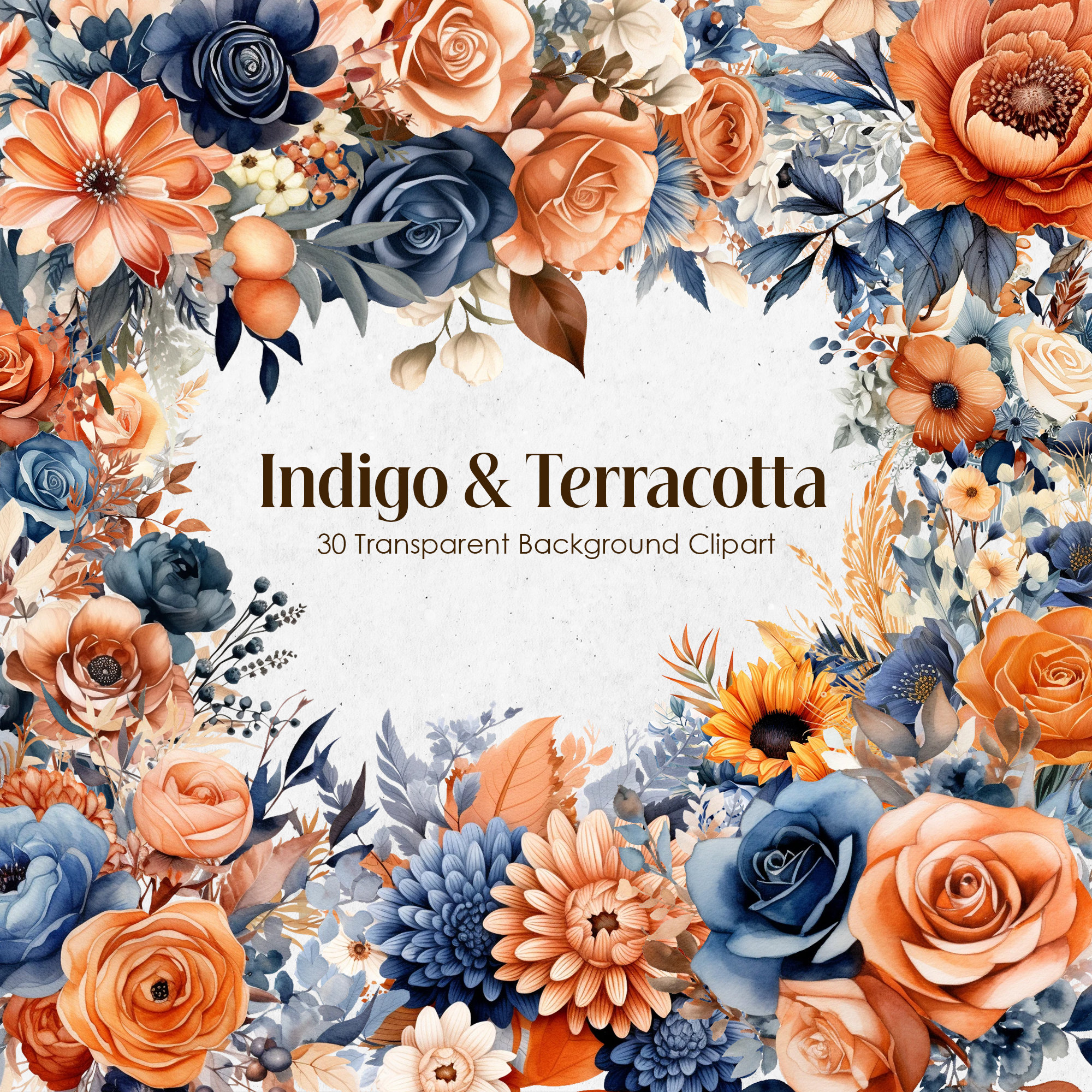 Indigo Terracotta Floral Watercolor Clipart,brick Bronze Flowers PNG ...