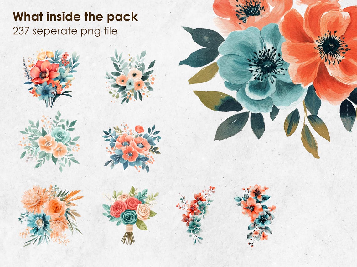 Teal and Coral Floral Watercolor Clipart,blue Green Flower PNG ...