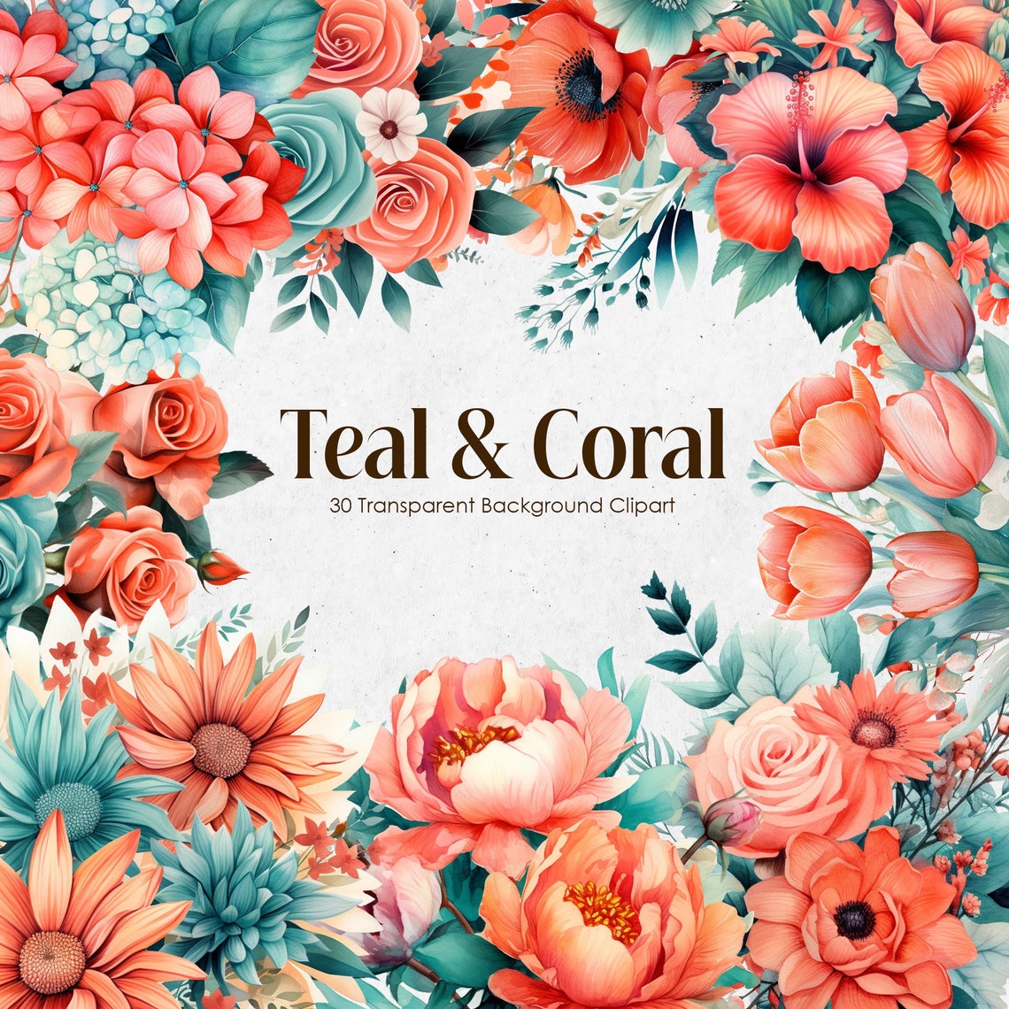 Teal and Coral Floral Watercolor Clipartblue Green Flower PNG - Etsy