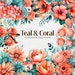 Teal and Coral Floral Watercolor Clipart,blue Green Flower PNG ...