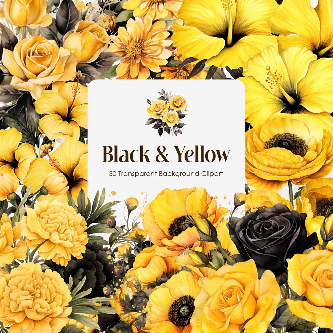 Black and Yellow Flowers Watercolor Clipart,midnight Mustard Florals ...