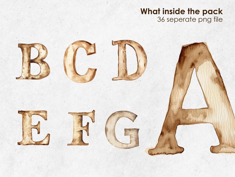 Coffee Alphabet Clipart, Latte Letter PNG, Watercolor Font Letters ...
