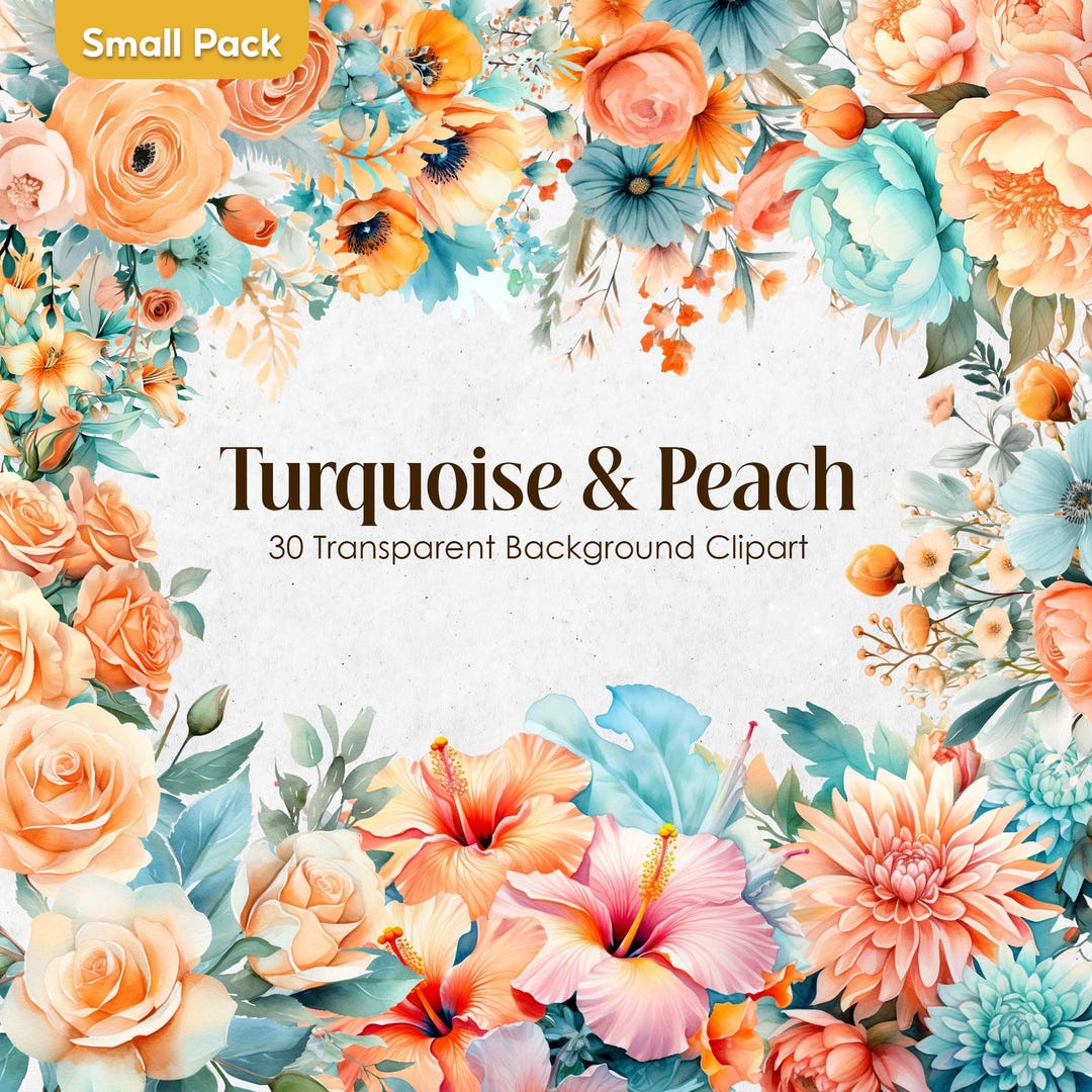 Teal and Peach Flowers Watercolor Clipart,mint Pastel Orange Floral PNG ...