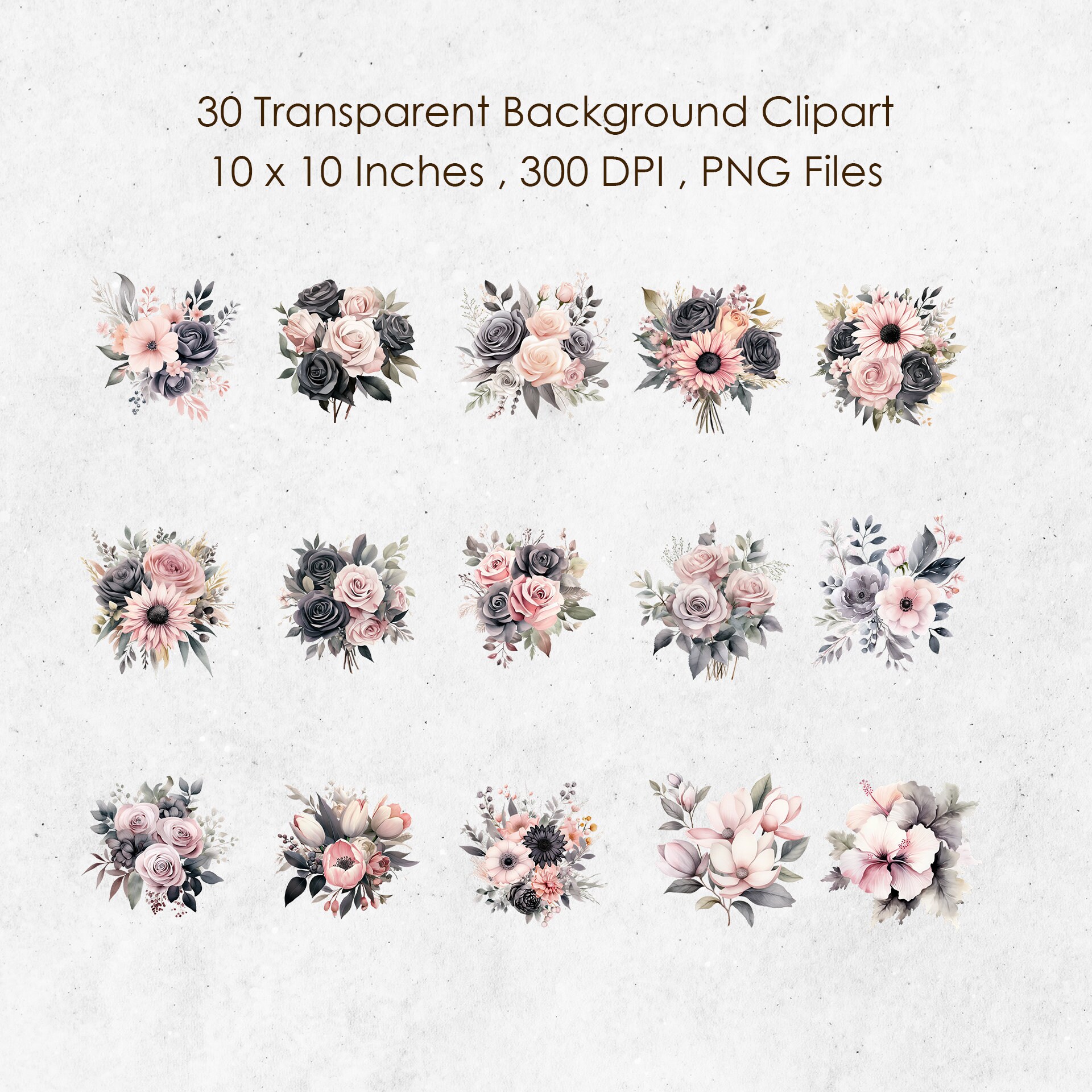 Watercolor Flower Clipart: Blush Pink & Slate Gray Bouquets (PNG ...