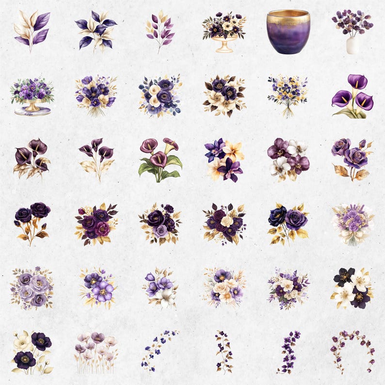 Deep Purple and Gold Flower PNG Watercolor Clipart Luxury Floral ...