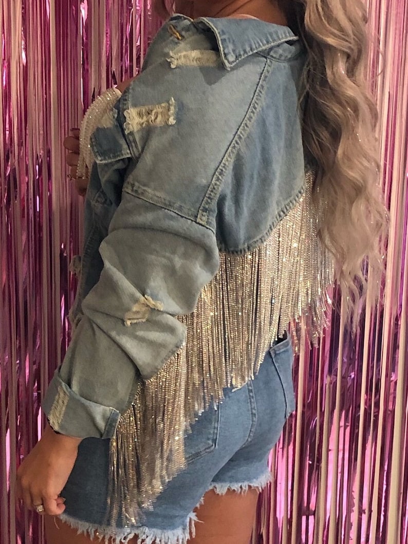 Rhinestone Fringe Denim Jacket - Etsy