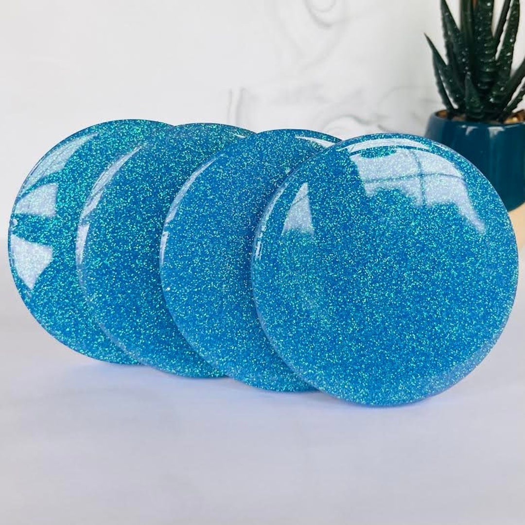 Glittery Caribbean Blue Coaster Set With Holder Handmade Resin Coasters ...