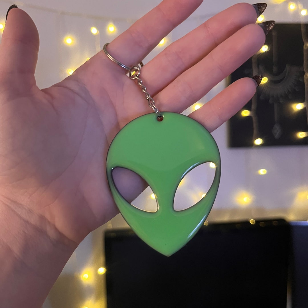 Handmade Alien Head Keychain Glow in the Dark Lime Green & Black Galaxy ...