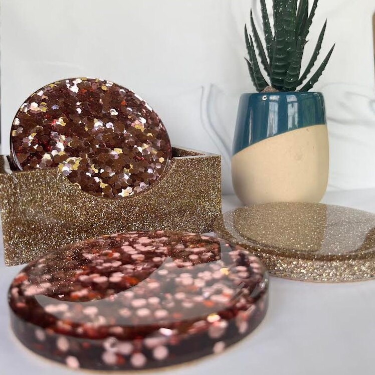 Gold & Chunky Glitter Coaster Set With Holder Coaster Set Handmade Gift ...
