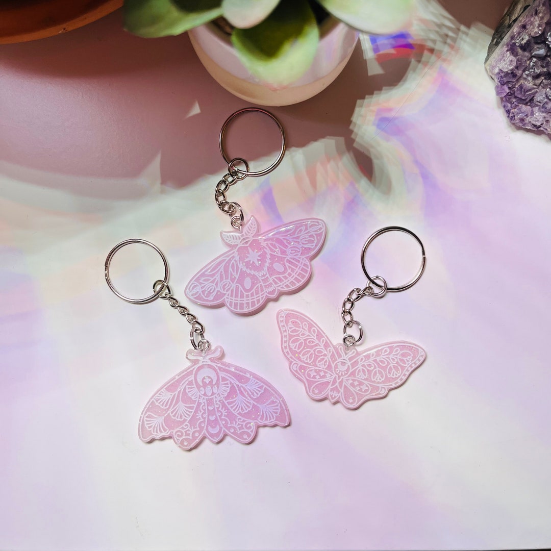 Pretty Pink Glitter Dust Moth Keychains Handmade Resin Keychain Gift ...