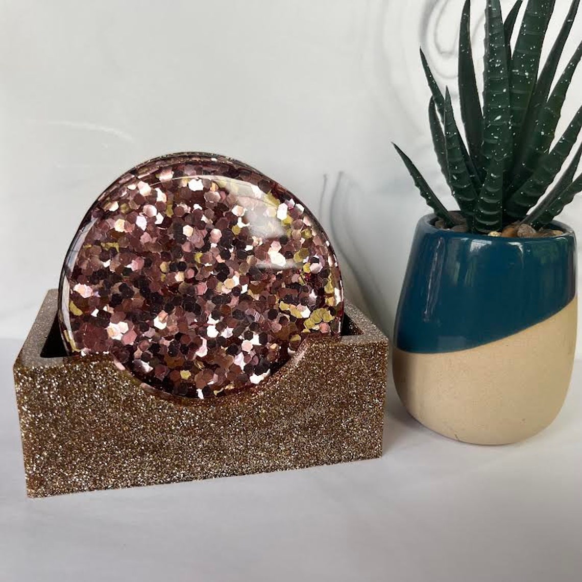 Gold & Chunky Glitter Coaster Set With Holder Coaster Set Handmade Gift ...