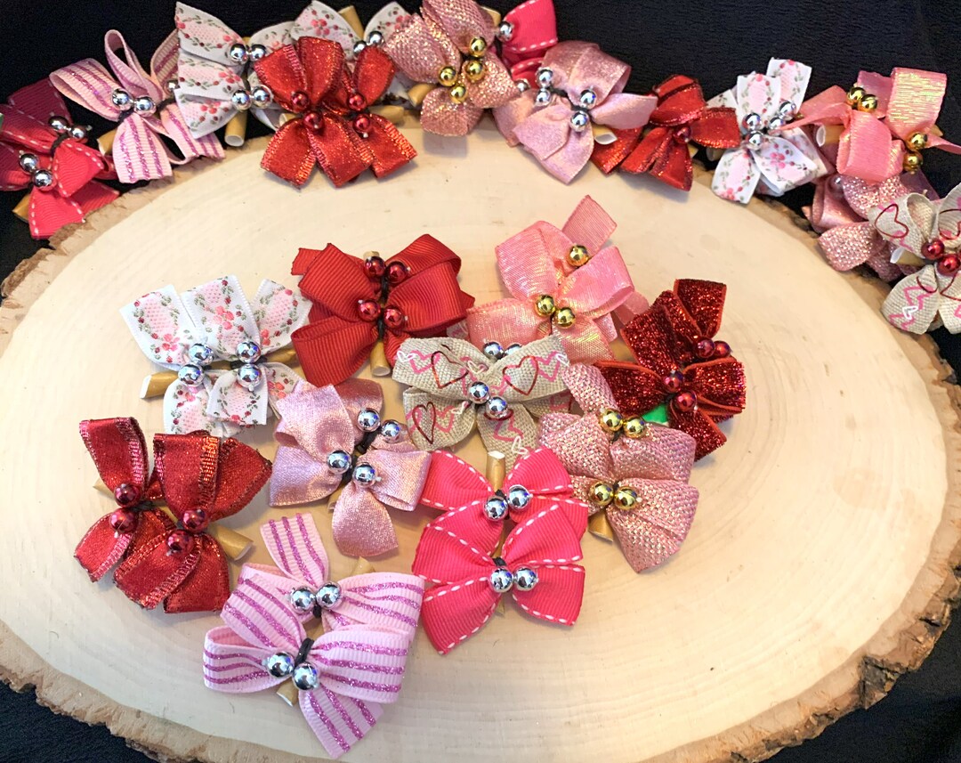 Dog Bows for Groomers Bulk 20 Pairs 40 Bows Pink and Red Dog Bows ...