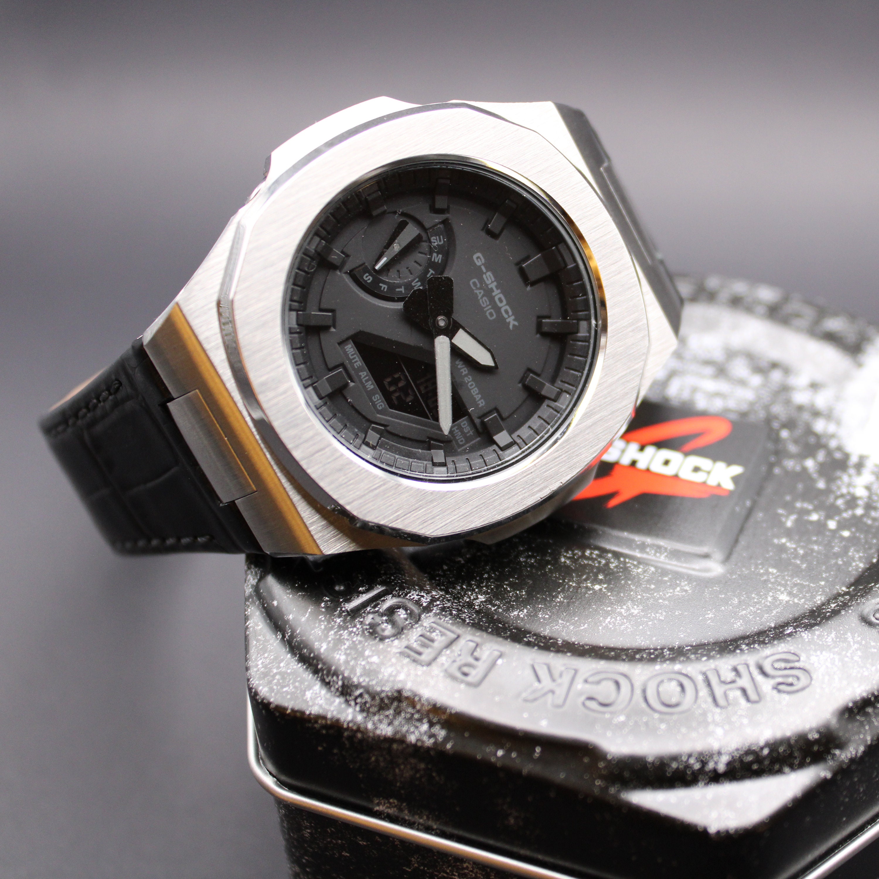 Casio G-SHOCK Custom Casioak Leather Black Silver 44mm Stainless Steel ...