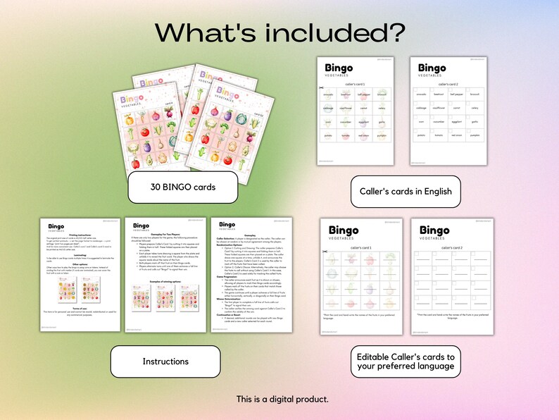 Kawaii Vegetable Bingo Game PDF Digital Print Bingo Cute Vegetables Fun ...