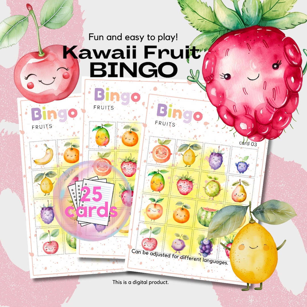 Kawaii Fruit Bingo Printable Digital Game Cards for Kids Fun Party Game ...