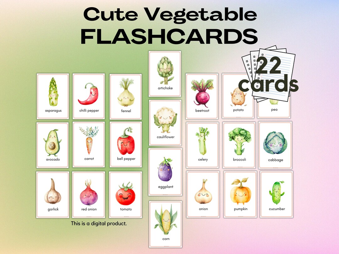 Digital Vegetable Flashcards, Cute Kawaii Digital Printable Flashcards ...