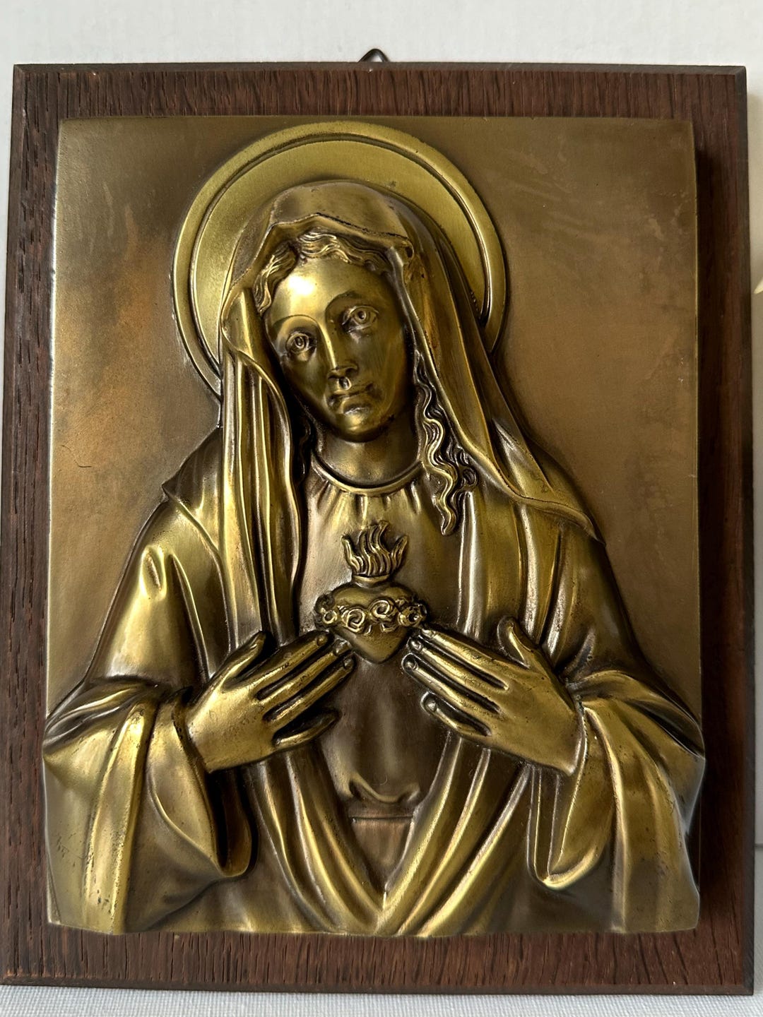 Vintage Metal Wall Display Case With a Semi-relief Image of the Virgin ...