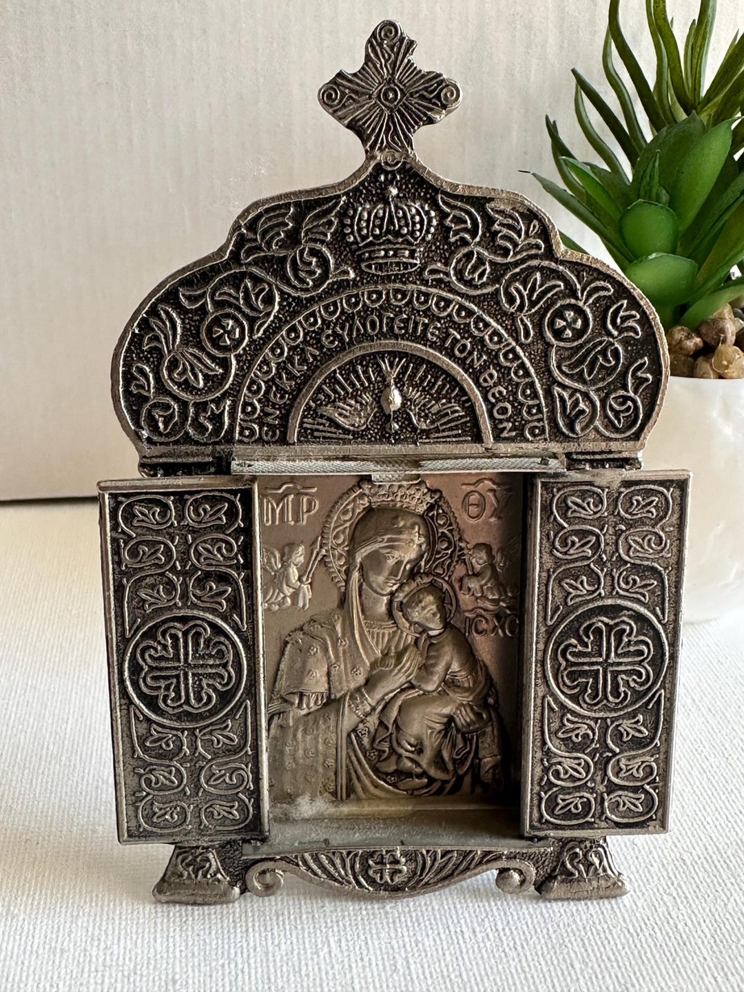 Vintage Metal Christian Orthodox Greek Triptych Virgin Mary Holding ...