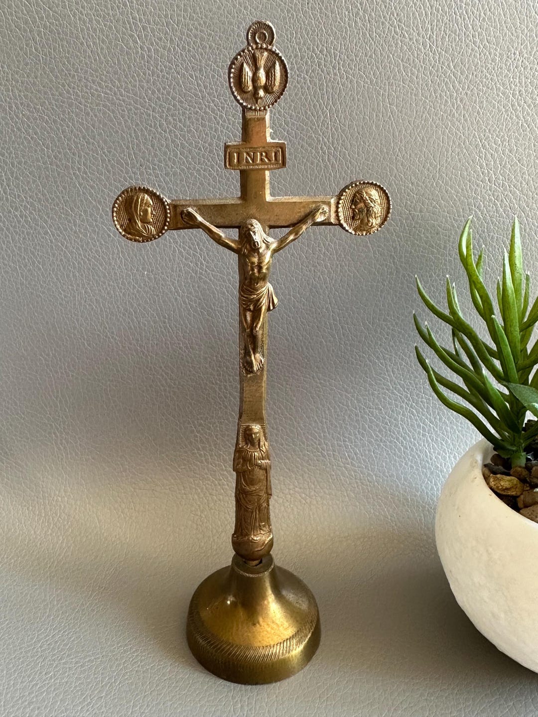 Antique Catholic Brass Tabletop Crucifix, Altar Crucifix, Standing ...