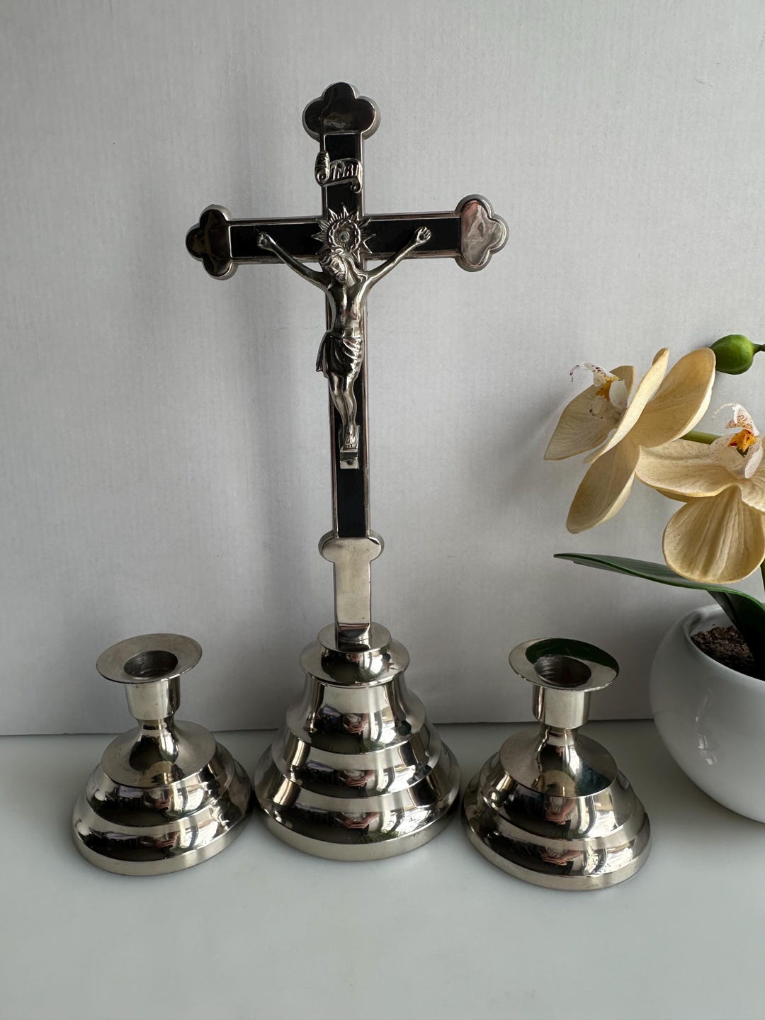 Antique Altar Cross With a Crucifix With Two Candlesticks - Etsy
