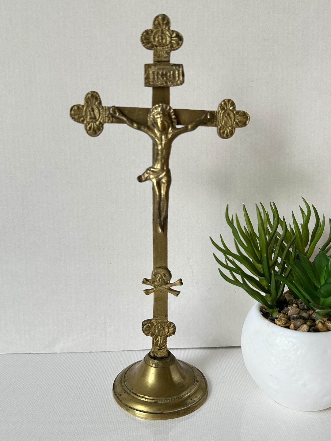 Antique Catholic Brass Tabletop Crucifix, Altar Crucifix, Standing ...