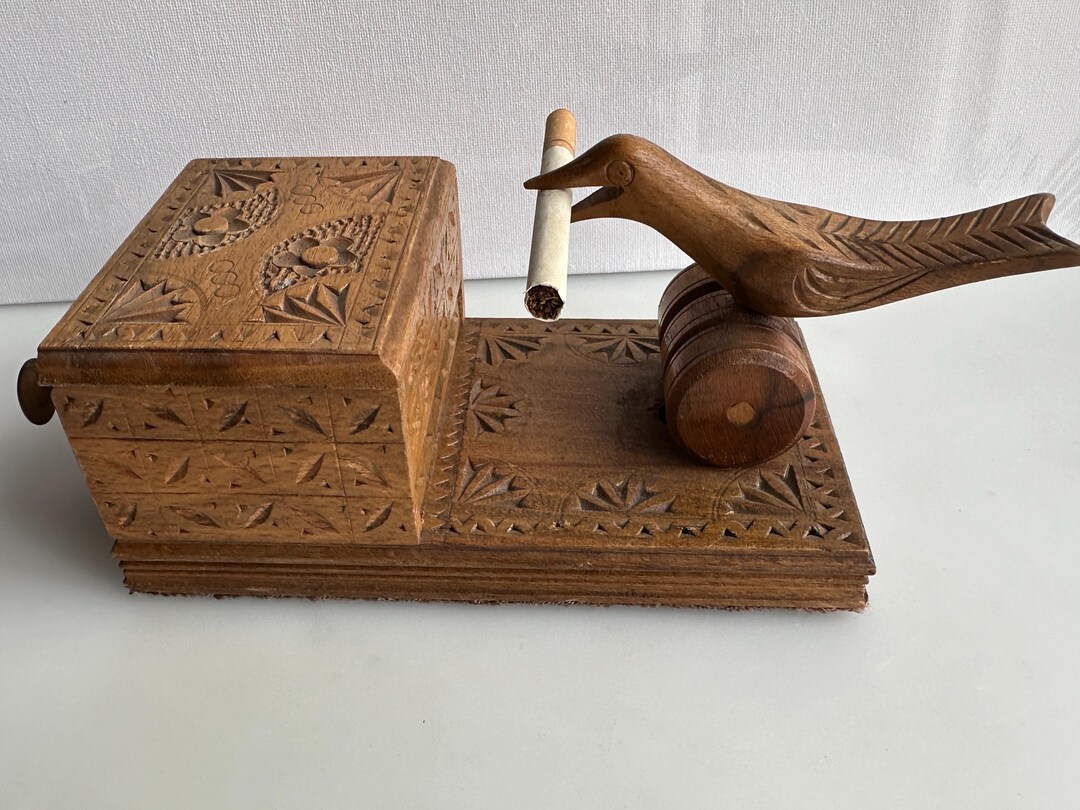 Vintage Wooden Cigarette Box, Wooden Carved Box With Mechanical Bird - Etsy