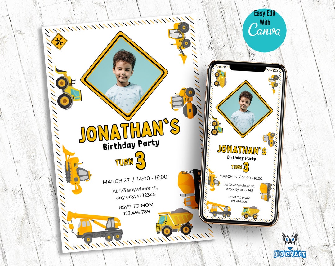 Construction Birthday Invitation Template for Kids Birthday Party ...