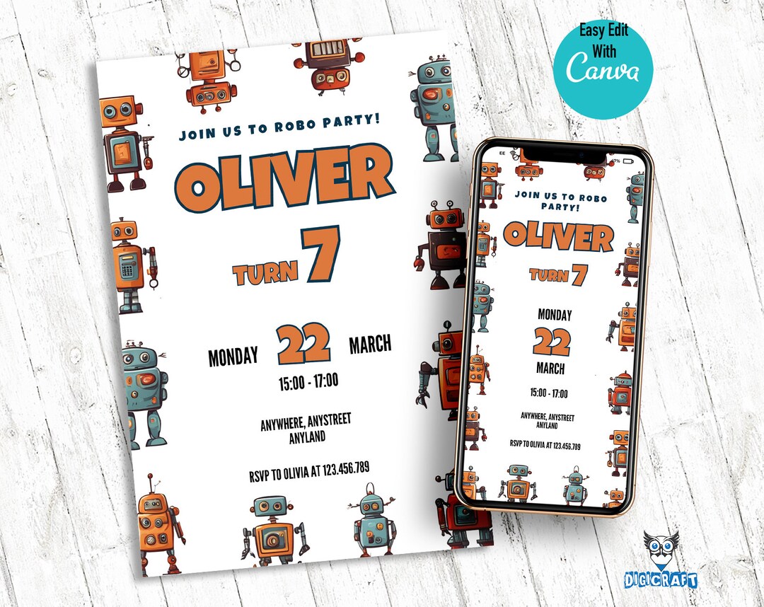 Robots Birthday Invitation Template for Kids Birthday Party Invitation ...
