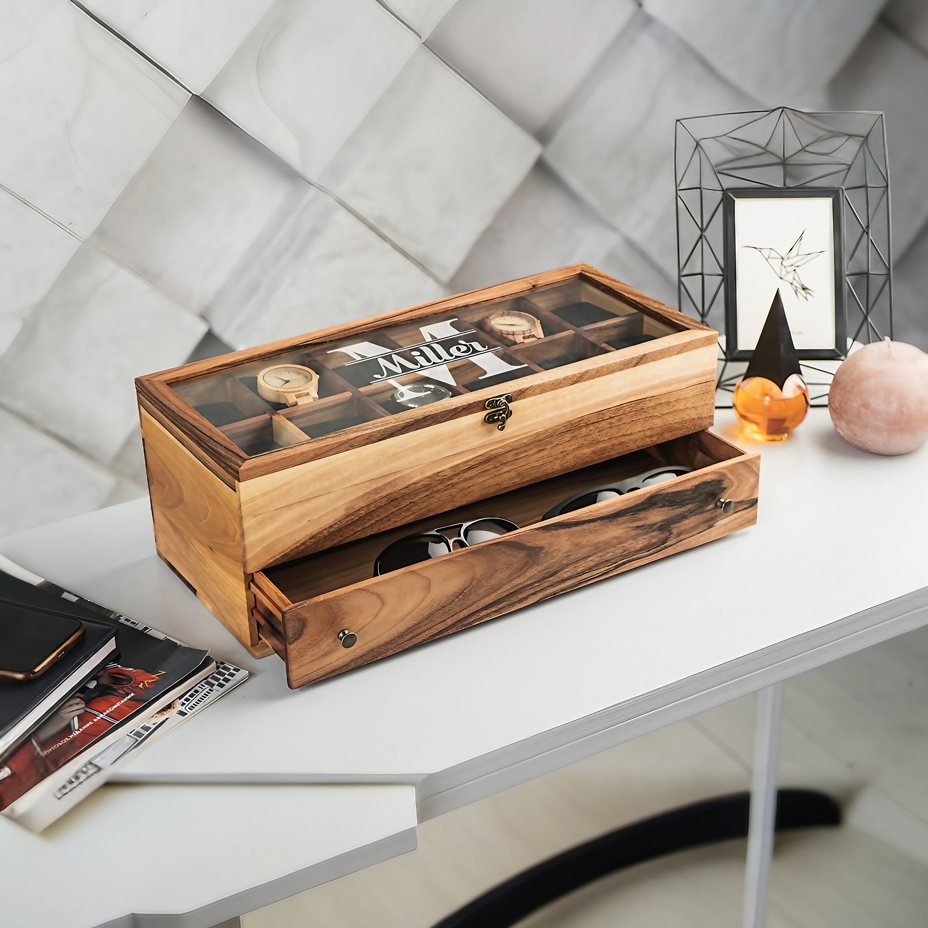 Solid Wood Watch Box for Men, Wooden Watch Organizer With Lock, Drawer ...