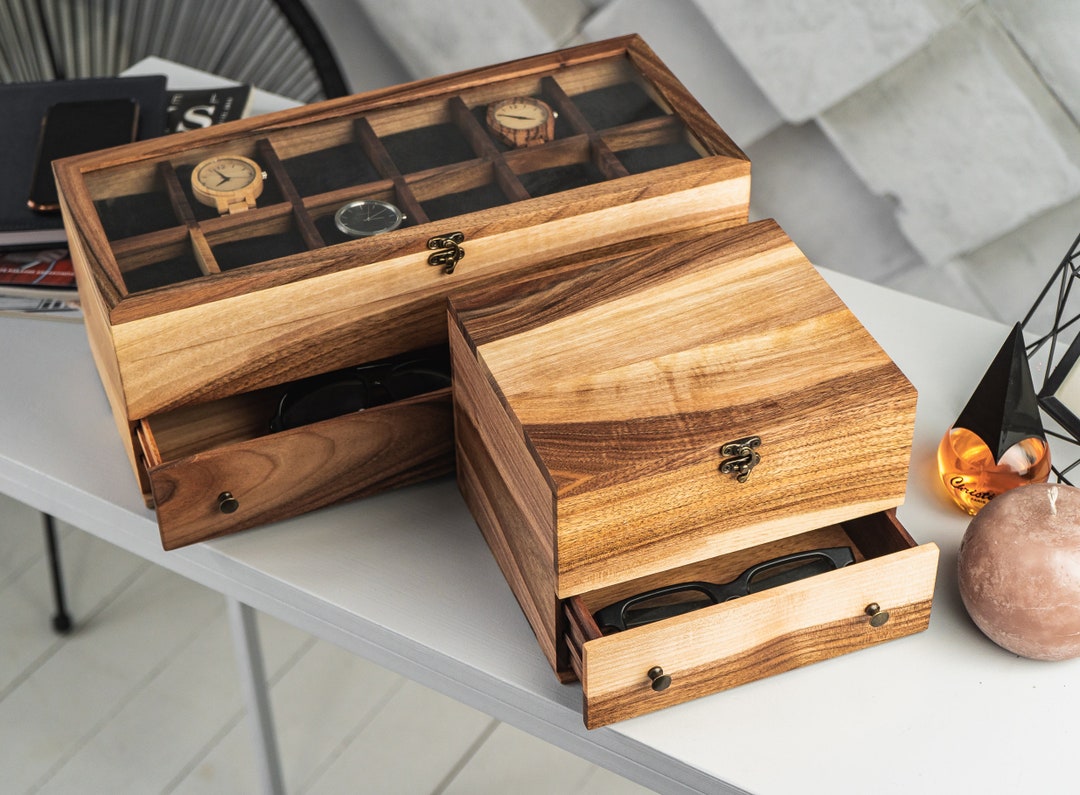 Solid Wood Watch Box for Men, Wooden Watch Organizer With Lock, Drawer ...