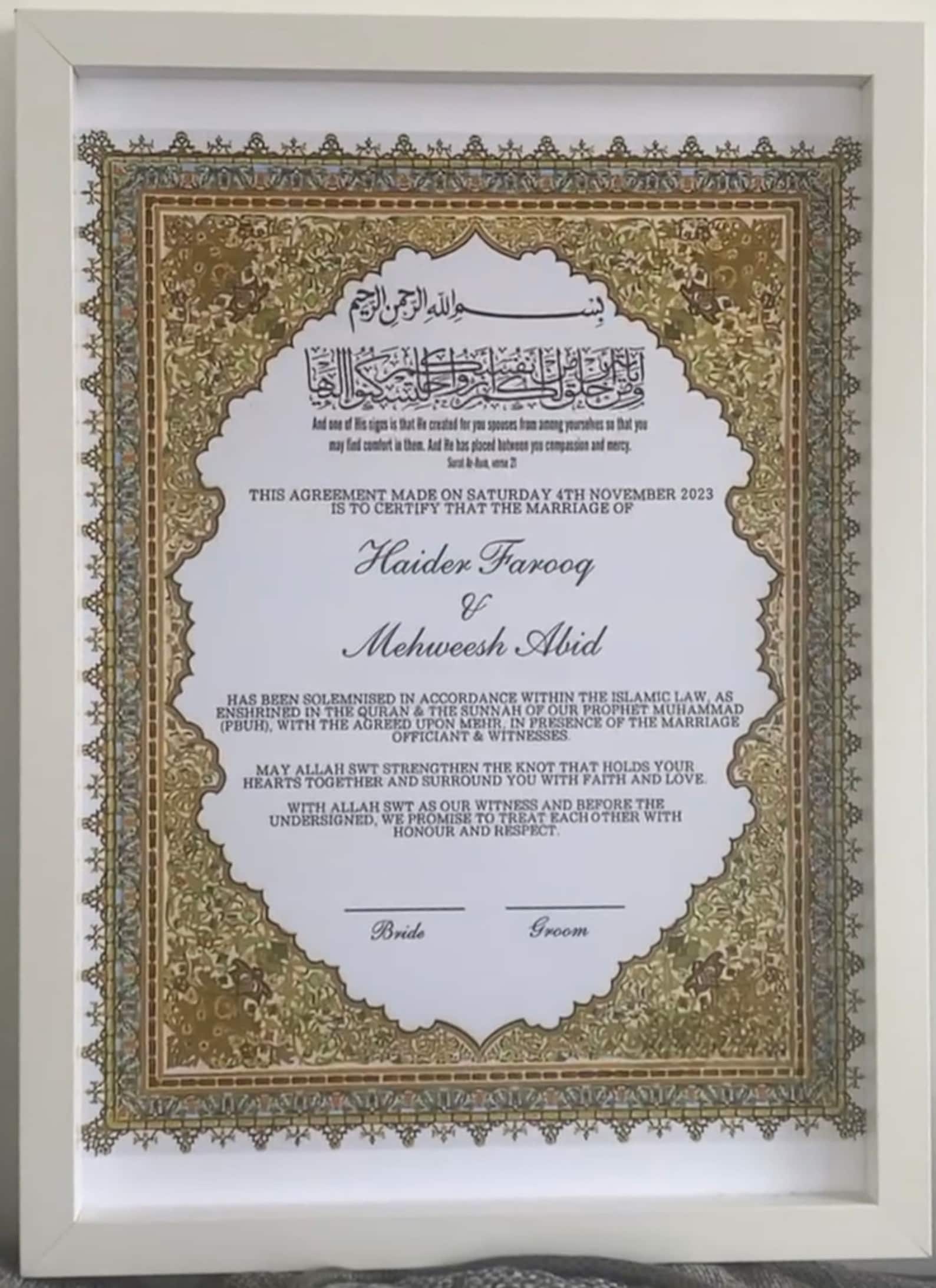 Nikkah Certificate, Nikkah Certificates With Frame, Wedding Certificate ...